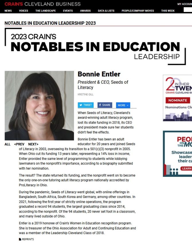 Bonnie Entler Named One of the Notables in Education Leadership by Crain’s « Seeds of Literacy ...